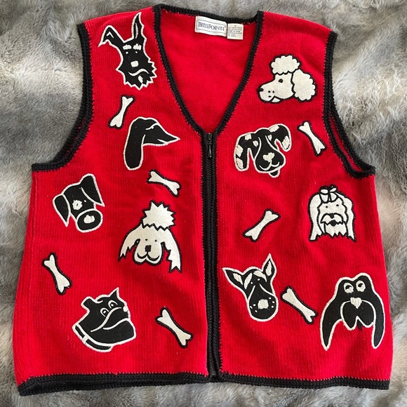Vintage | Sweaters | Vintage 9s Red Knit Zip Up Embroidered Poodle ...